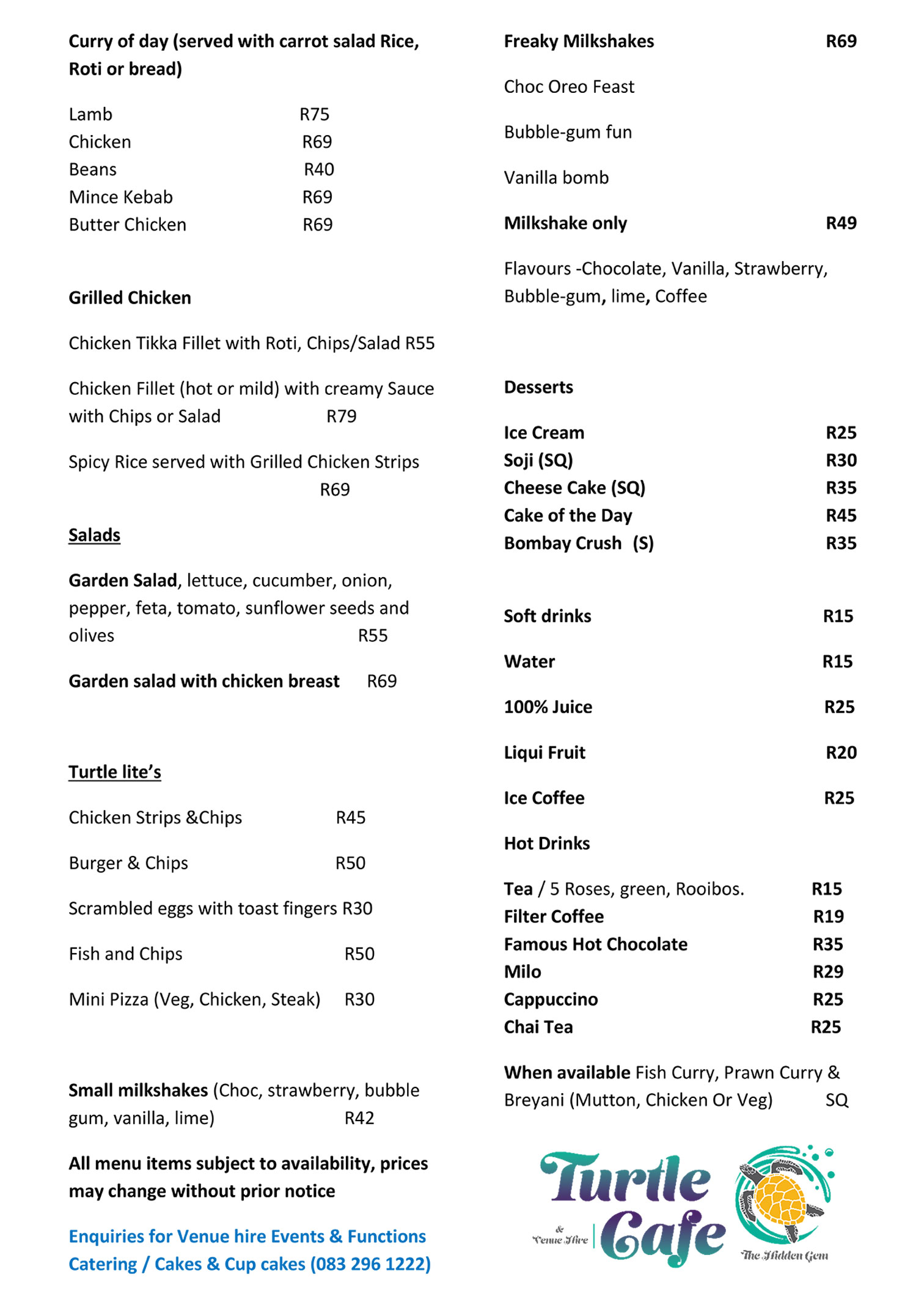 Menu – Turtle Cafe Westville