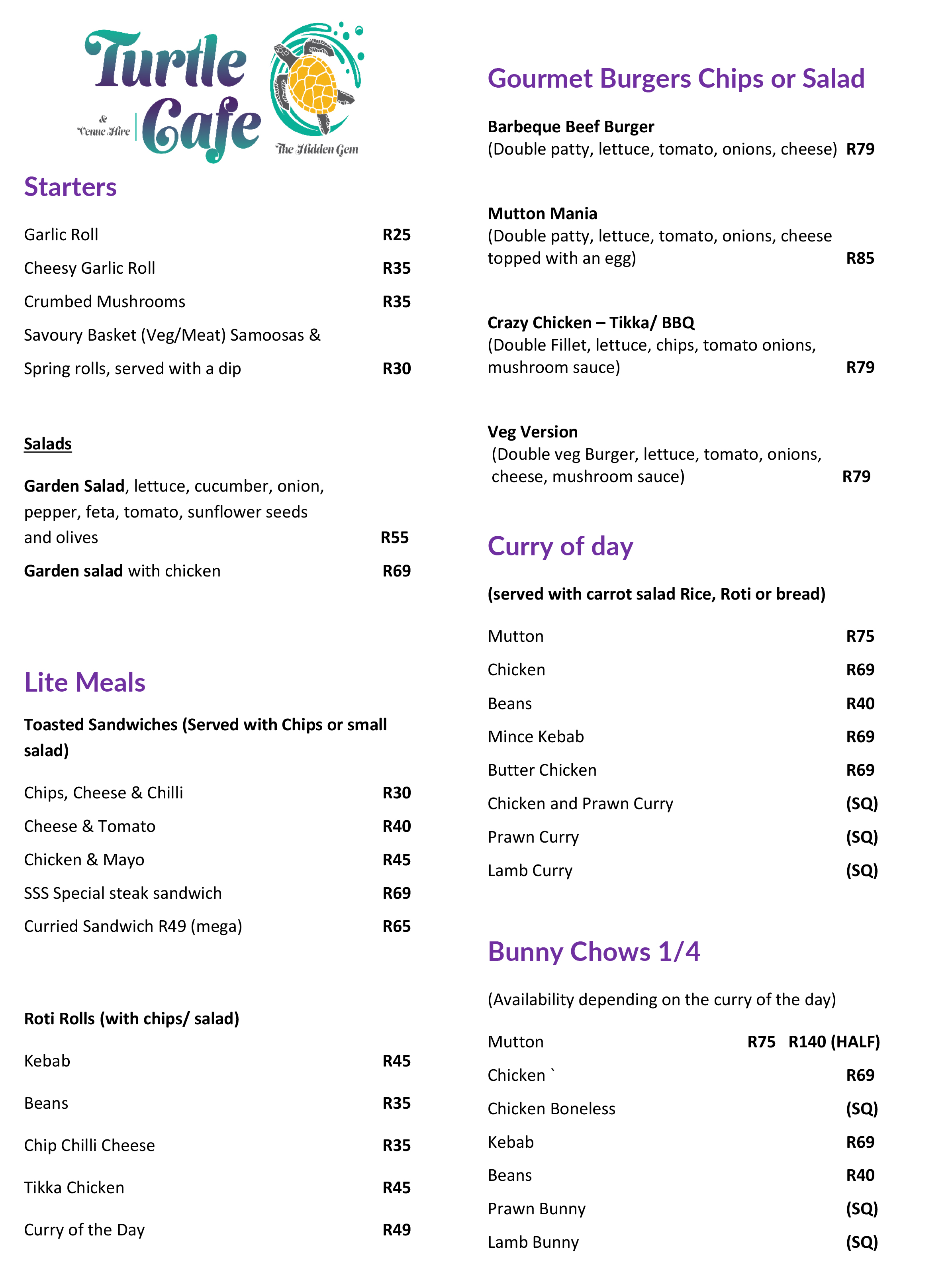 Menu – Turtle Cafe Westville