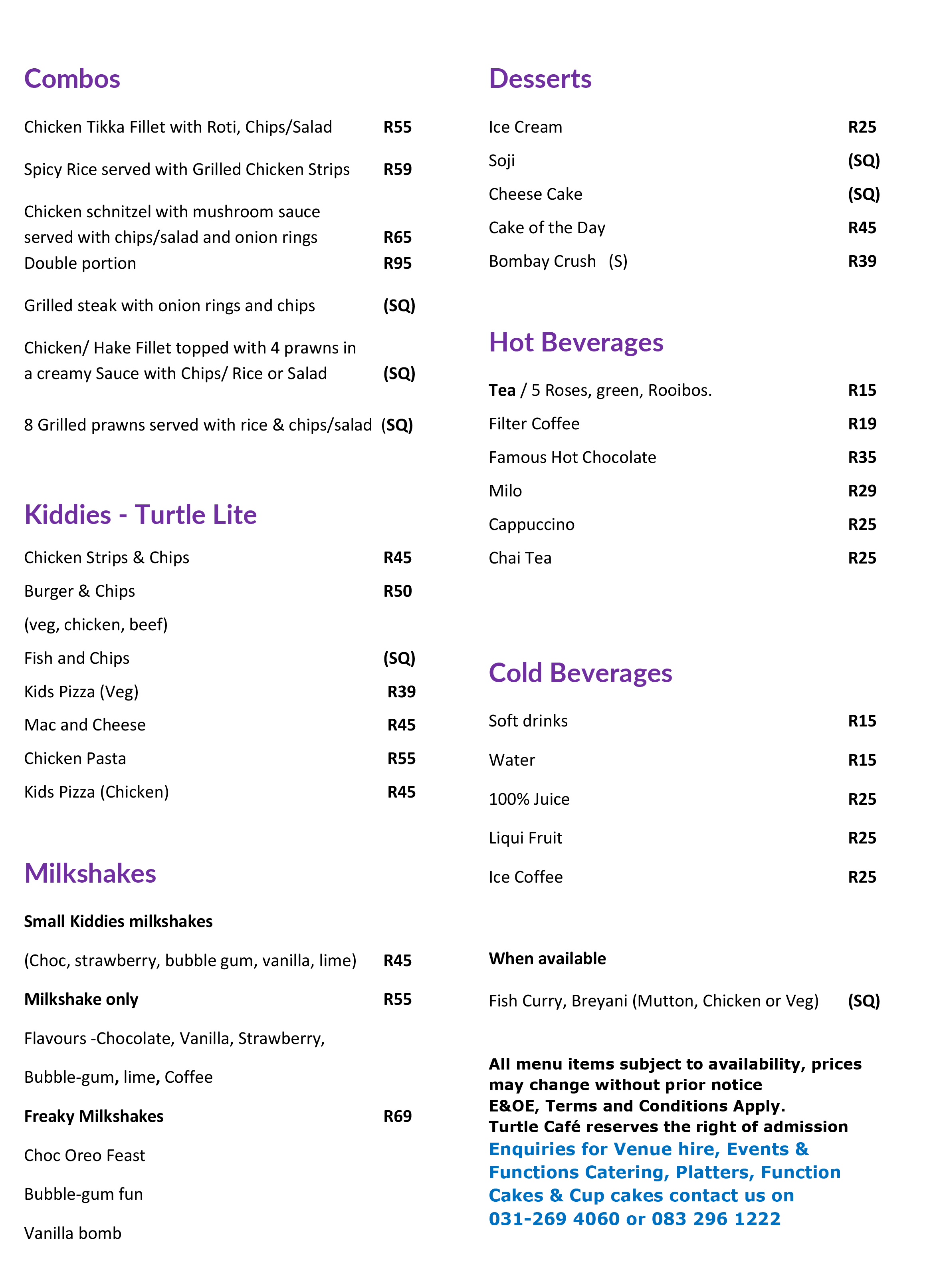 Menu – Turtle Cafe Westville